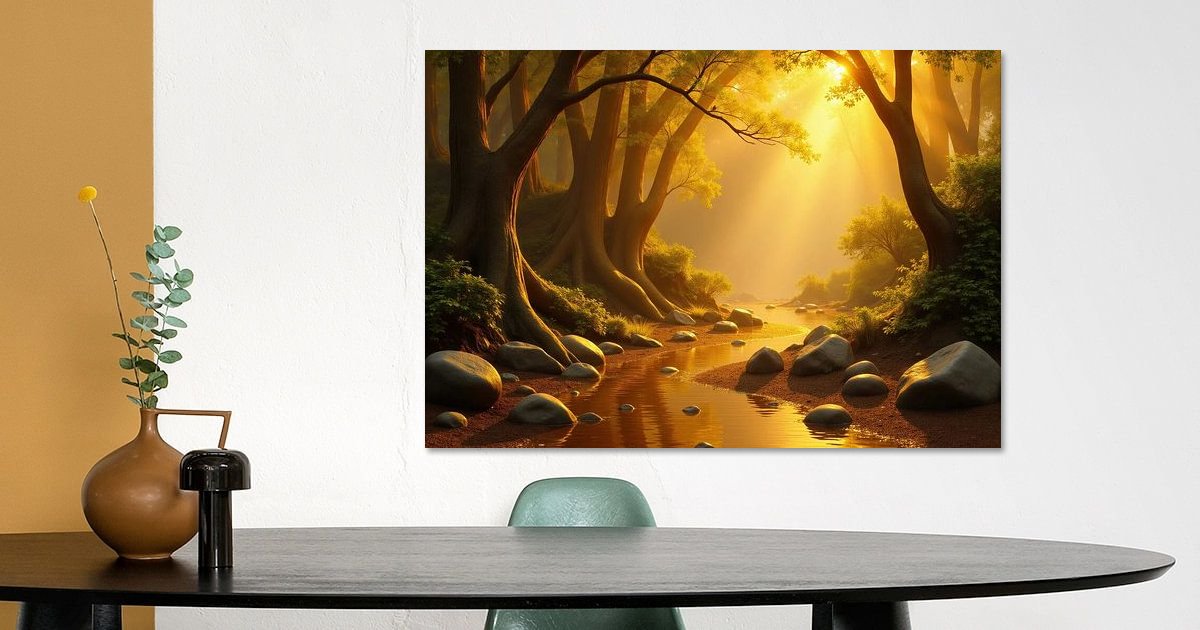 Gouden verlichte beek en bos met rivierrotsen van Markus Gann op canvas ...
