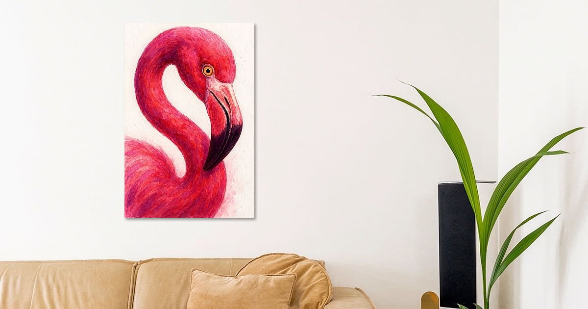 Fel roze flamingo close up (AI) (kop, lange nek, vrolijk, exotisch ...