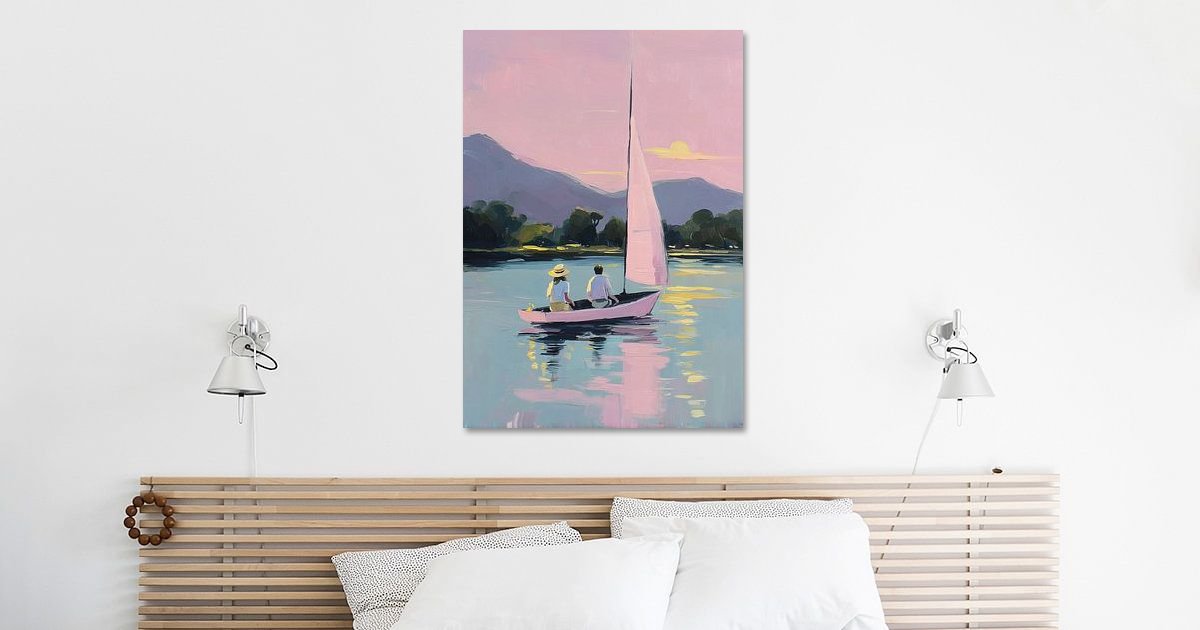 Rustige zeilboot op pastelkleurig water van Niklas Maximilian op canvas ...