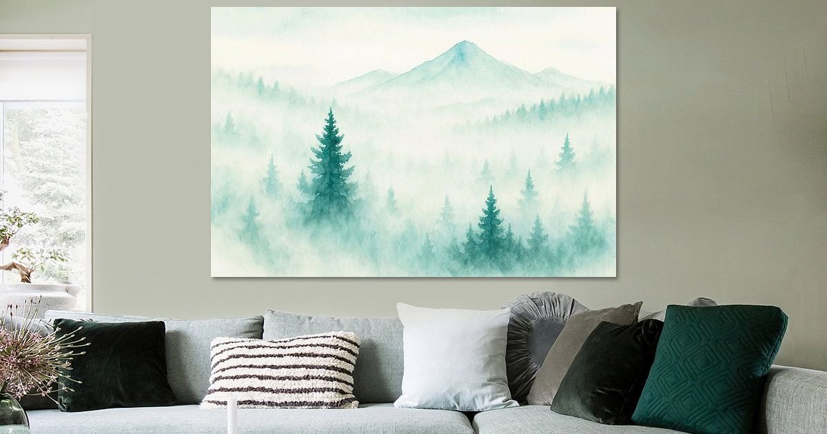 Berglandschaft im Nebel (AI) (Gemälde, Weihnachtsbäume, Norwegen, Wald ...