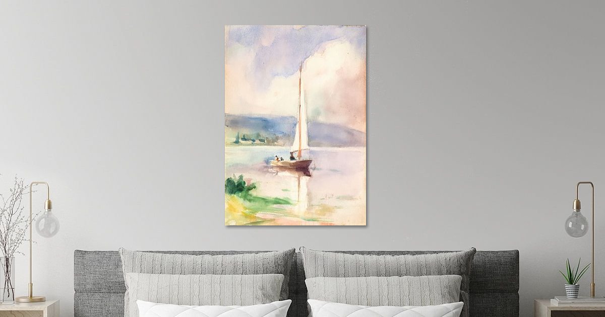 Een aquarel toont een zeilboot op een kalm water, gezien vanuit een ...