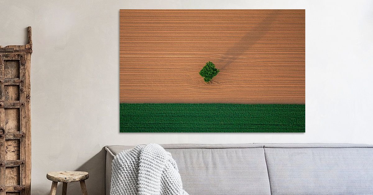 Landschap akker met boom van Kas Maessen op canvas, behang en meer