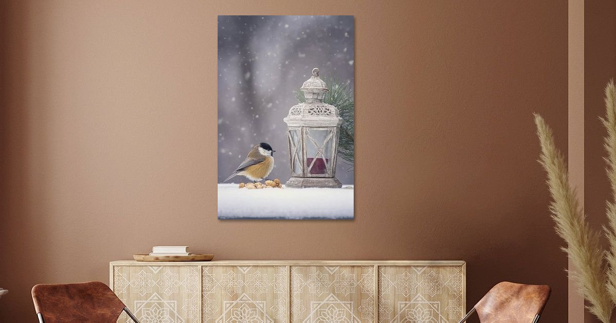 Winter Stilleven met Vogel - Koolmees bij Lantaarn van Joriali Fine Art ...