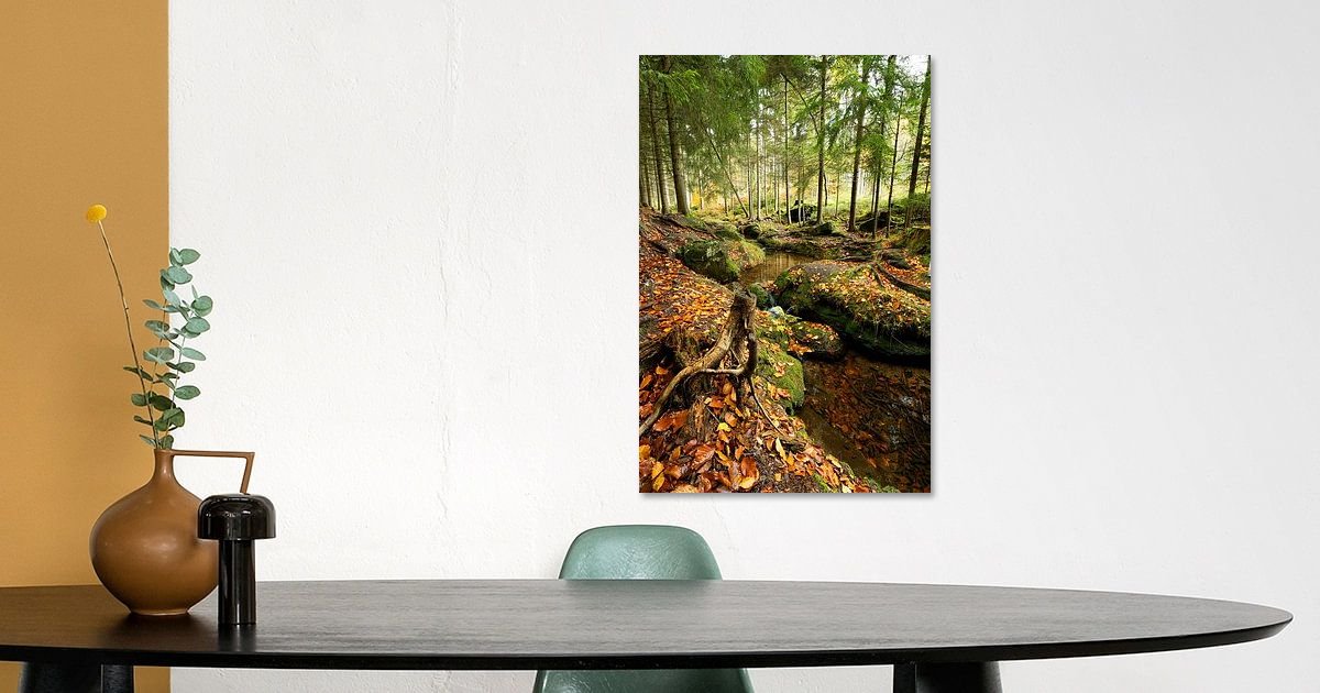 Romantisch herfstbos met een klein beekje van Holger W. Spieker op ...
