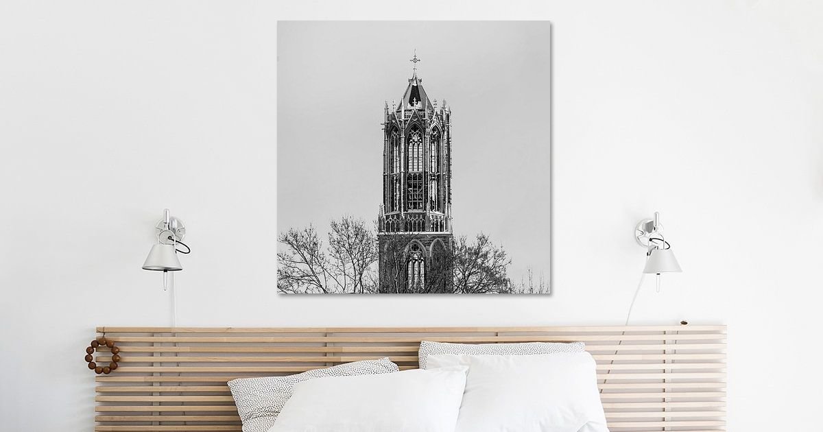 De besneeuwde Domtoren van Utrecht vanaf het Moreelsepark. (vierkant ...