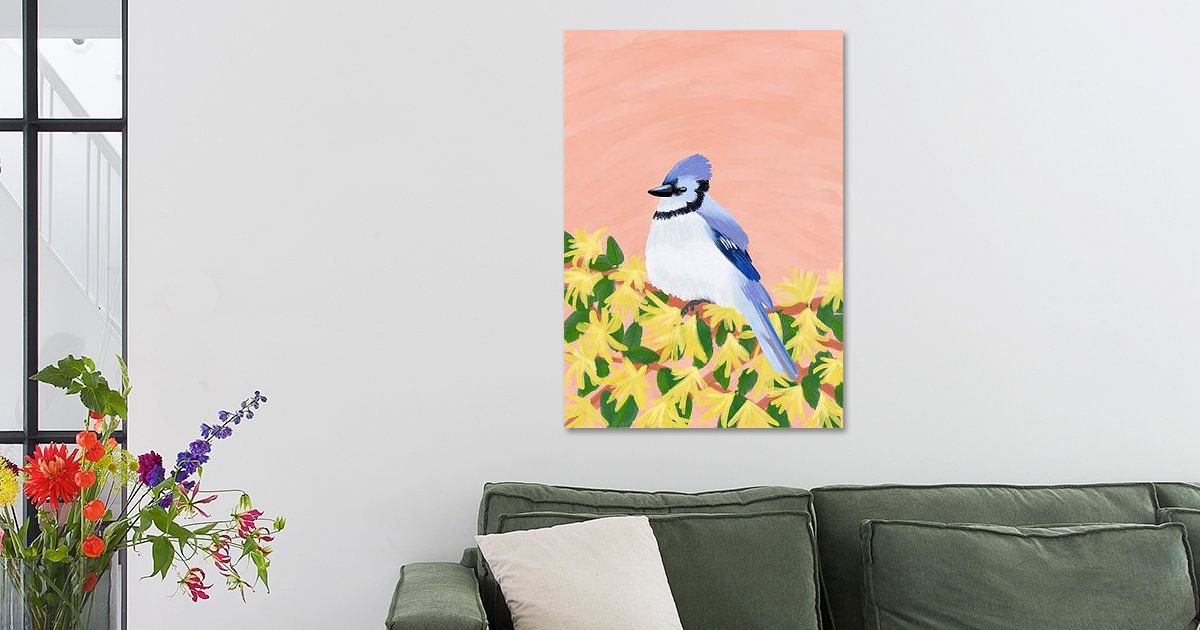 Blauwe Gaai Vogel van Aliya Putrus op canvas, behang en meer