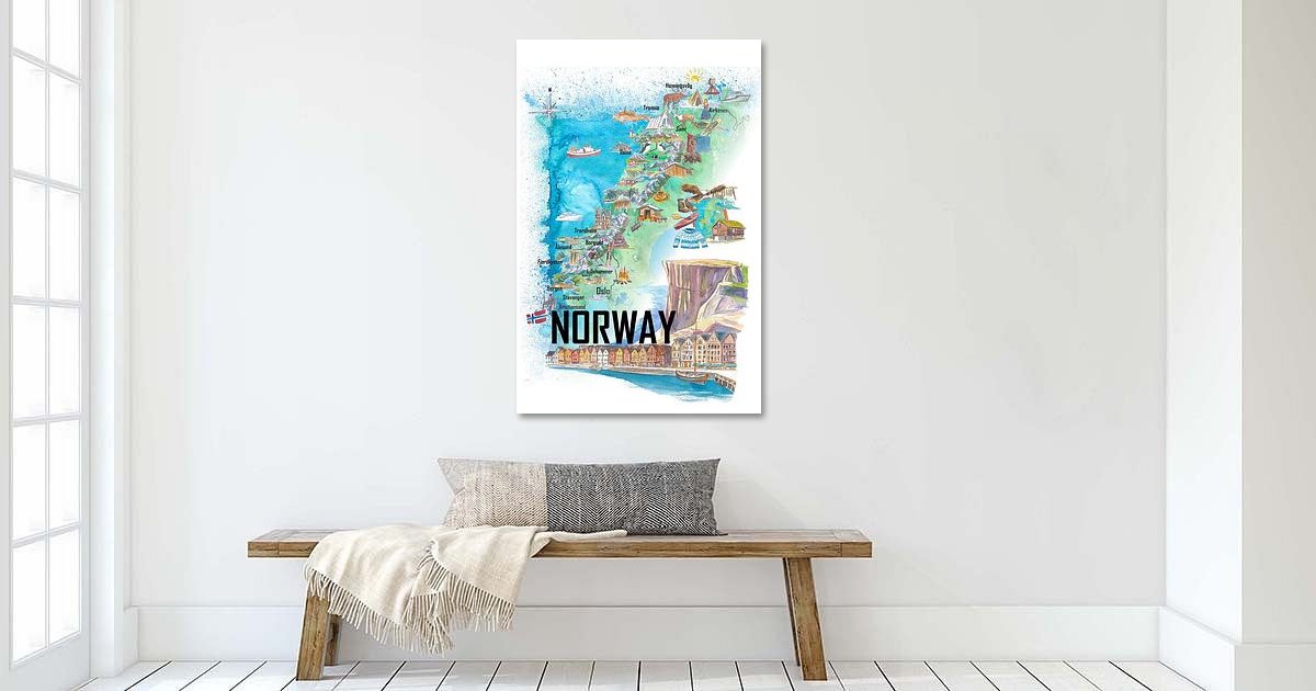 Illustrated map of Norway with famous sights and highlights by Markus ...