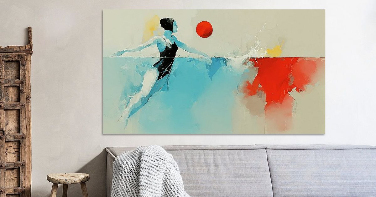 Color Splash | Waterpolo Speelster met Rode Bal van KRAB op canvas ...