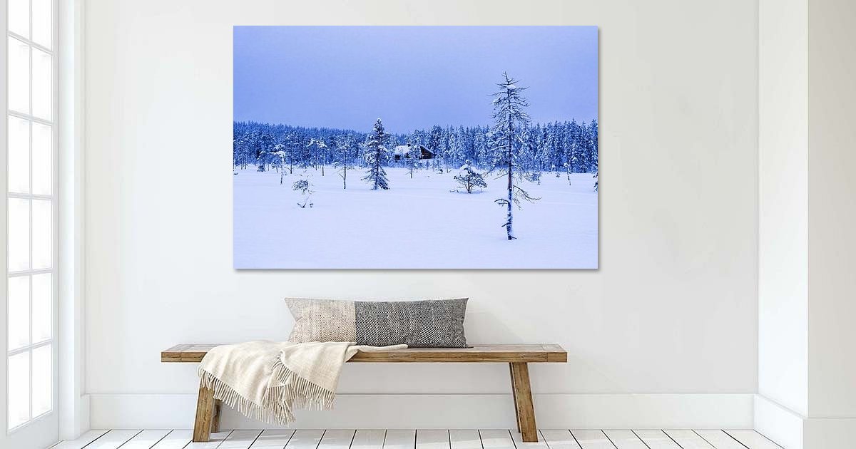 Landschap in de winter met blokhut en bos in Äkäslompolo, Fi van Rico ...