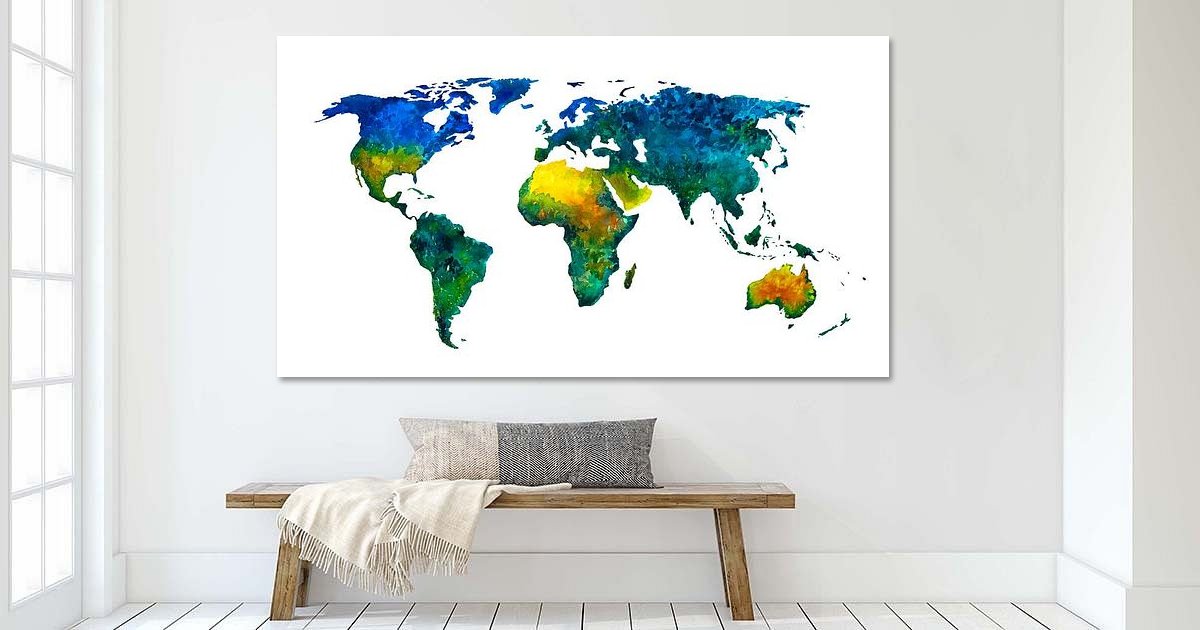 Wereldkaart vol kleur | Aquarel Schilderij van WereldkaartenShop op ...