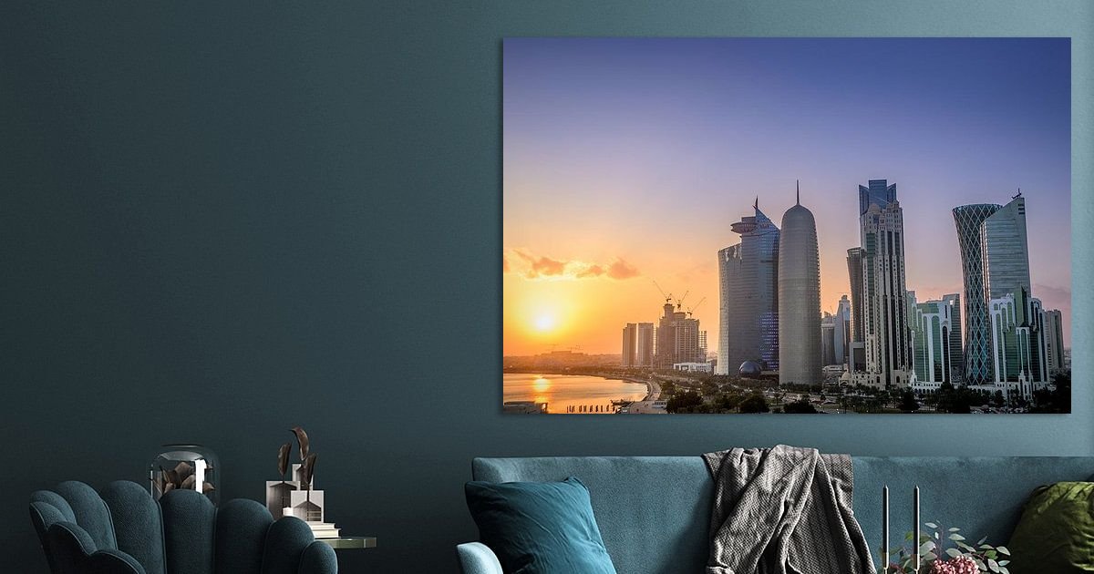 Doha skyline in Qatar at sunset by iPics Photography on canvas, poster ...