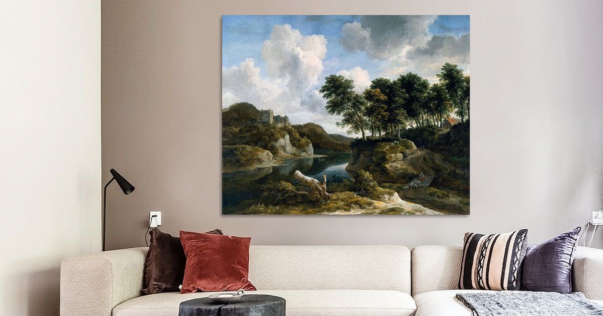 Jacob van Ruisdael - Rivierlandschap met een kasteel op hoge klif op ...