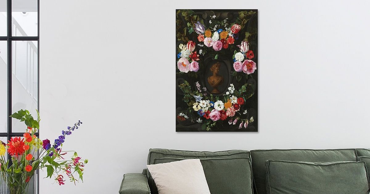 Festoen van bloemen om een buste van Flora - Jan Philip van Thielen op ...