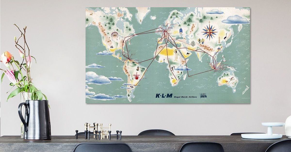 Map of KLM Royal Dutch Airlines Flight Routes by World Maps on canvas ...