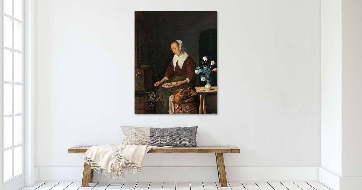 Woman at meal, known as 'The cat's breakfast', Gabriel Metsu on canvas ...