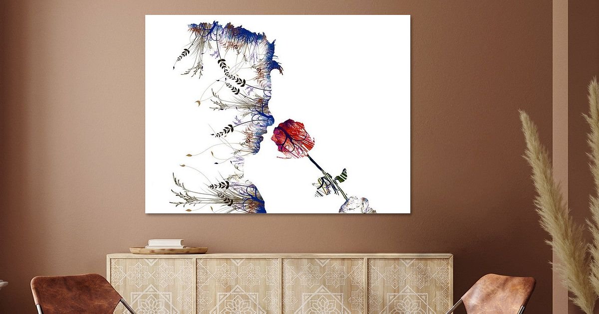 Bloem. Ruiken aan een roos. Modern en abstract. Witte achtergrond. van ...