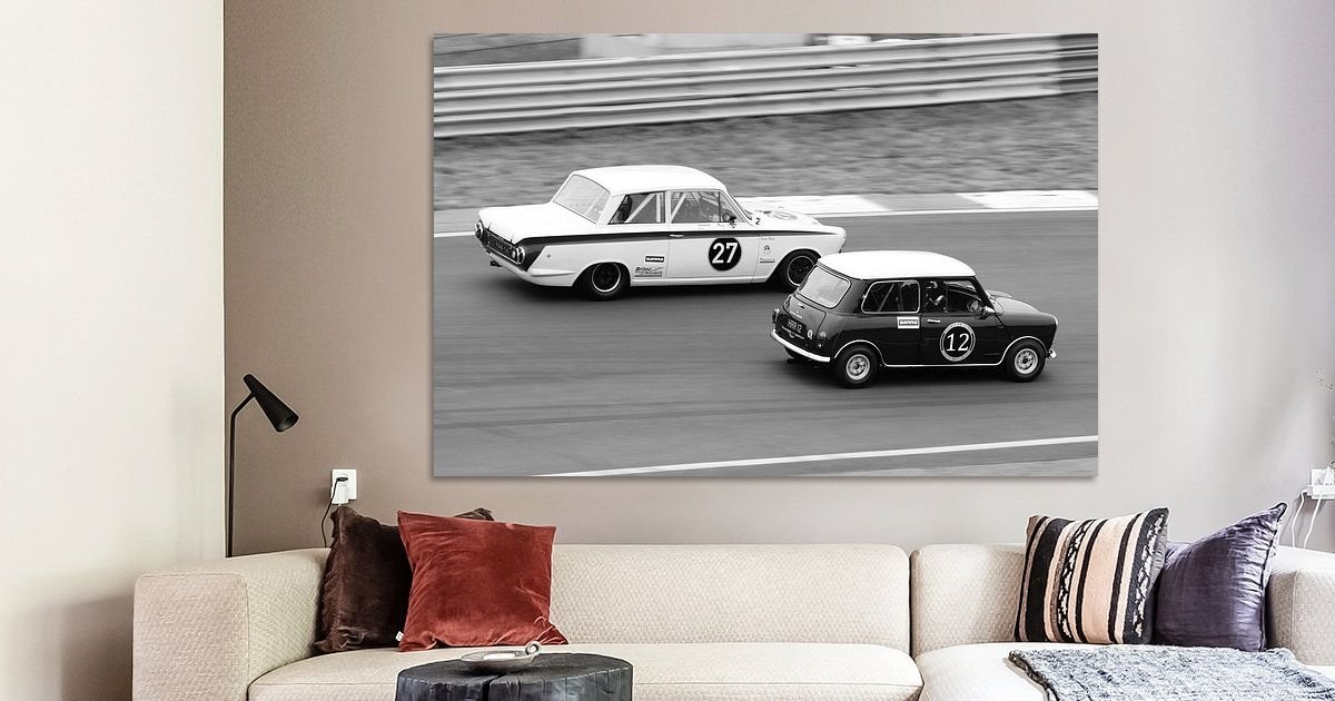 Mini Cooper - Lotus Cortina van Roald Rakers op canvas, behang en meer