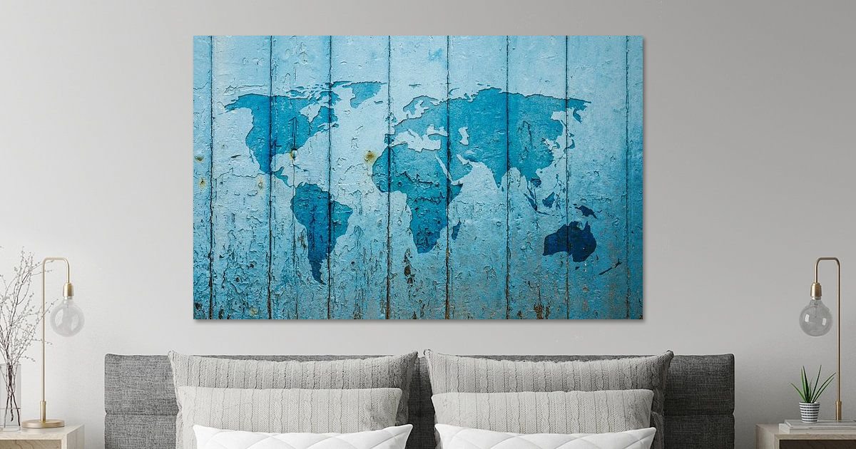 Carte du monde sur planches de bois bleues par l'artiste Cartes du ...