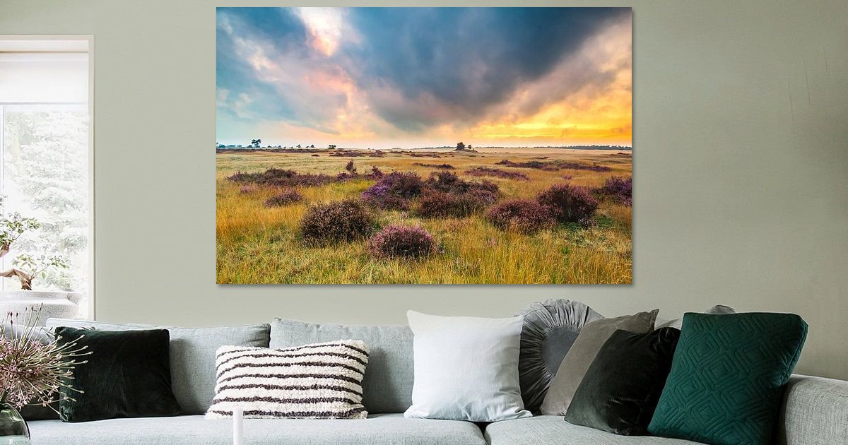 Zonsondergang op de veluwe van Sander Meertins op canvas, behang en meer