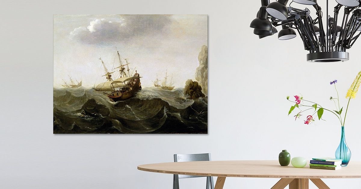Een schip in een ruwe zee, Cornelisz Verbeecq op canvas, behang, poster ...