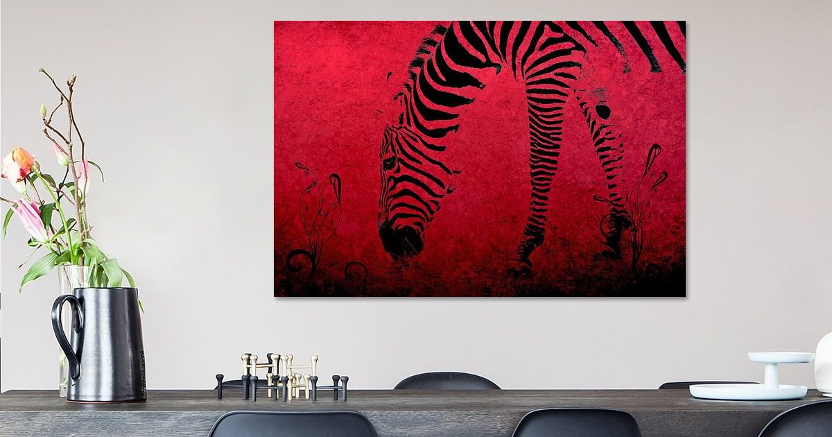 Zebre sur fond Rouge van Aimelle ML op canvas, behang en meer