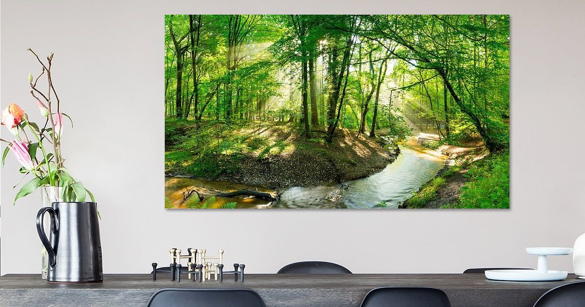 Bos met beekje in de zon van Günter Albers op canvas, behang en meer