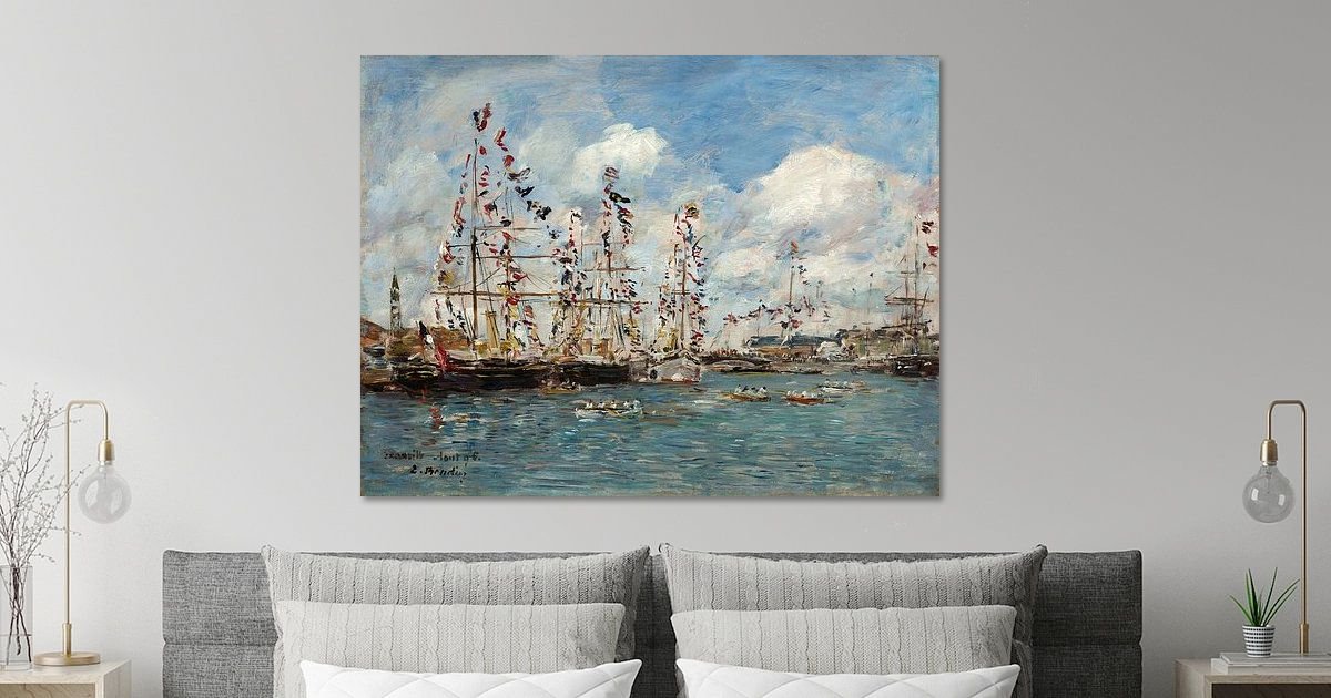 Boten versierd met vlaggen in de haven van Deauville, Eugène Boudin. op ...