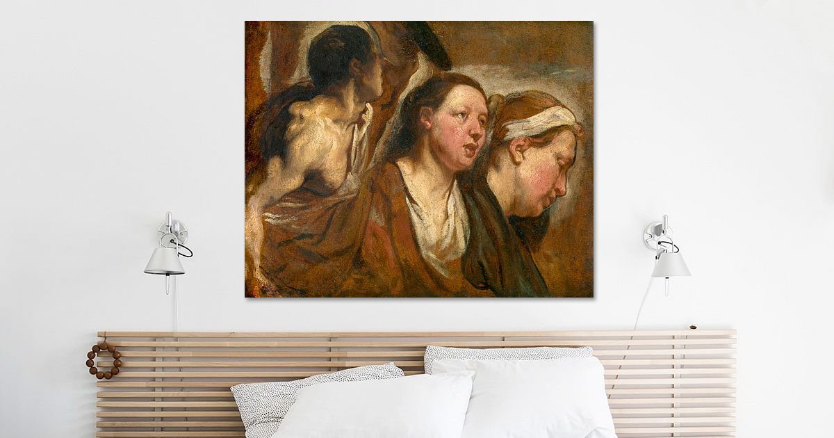 Twee vrouwenkoppen en torso van een krijger, Jacob Jordaens op canvas ...