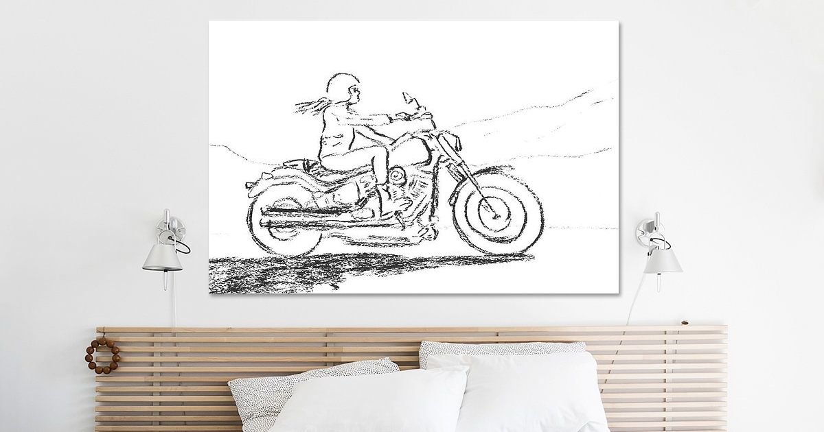 Het vrijheidsgevoel van een motorrijder (tekening houtskool vrouw zwart ...