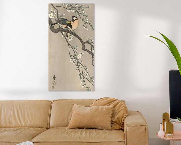 Koolmezen op bloesemtak van Ohara Koson op canvas, behang, poster en meer