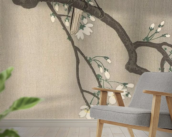 Koolmezen op bloesemtak van Ohara Koson op canvas, behang, poster en meer