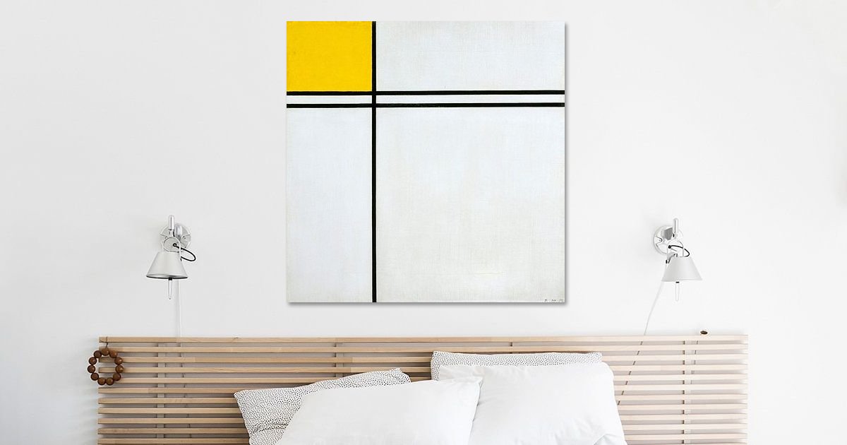 Compositie met dubbele lijn en geel, Piet Mondriaan op canvas, behang ...