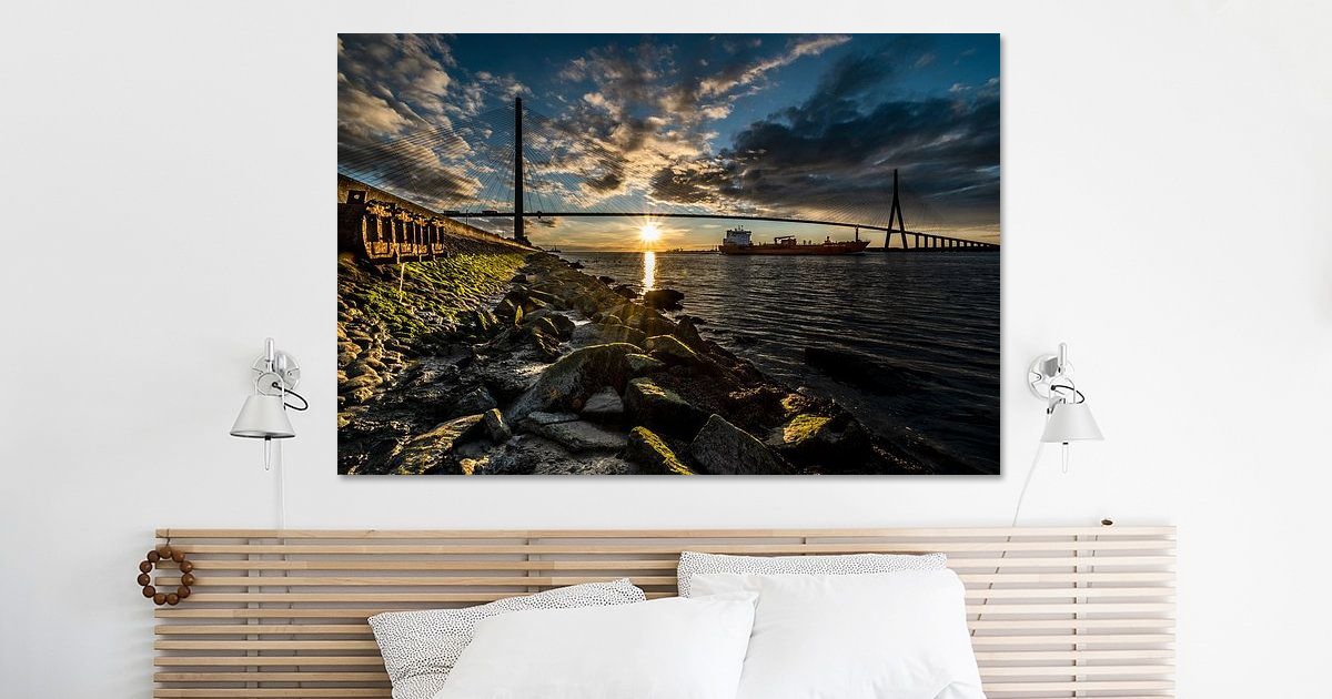 Brug van Normandië met een zonsondergang van Jan Hermsen op canvas ...