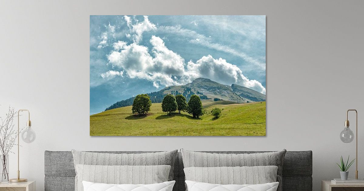 Pointe de Merdassier, alpenweide met vier bomen, La Clusaz, Haute ...