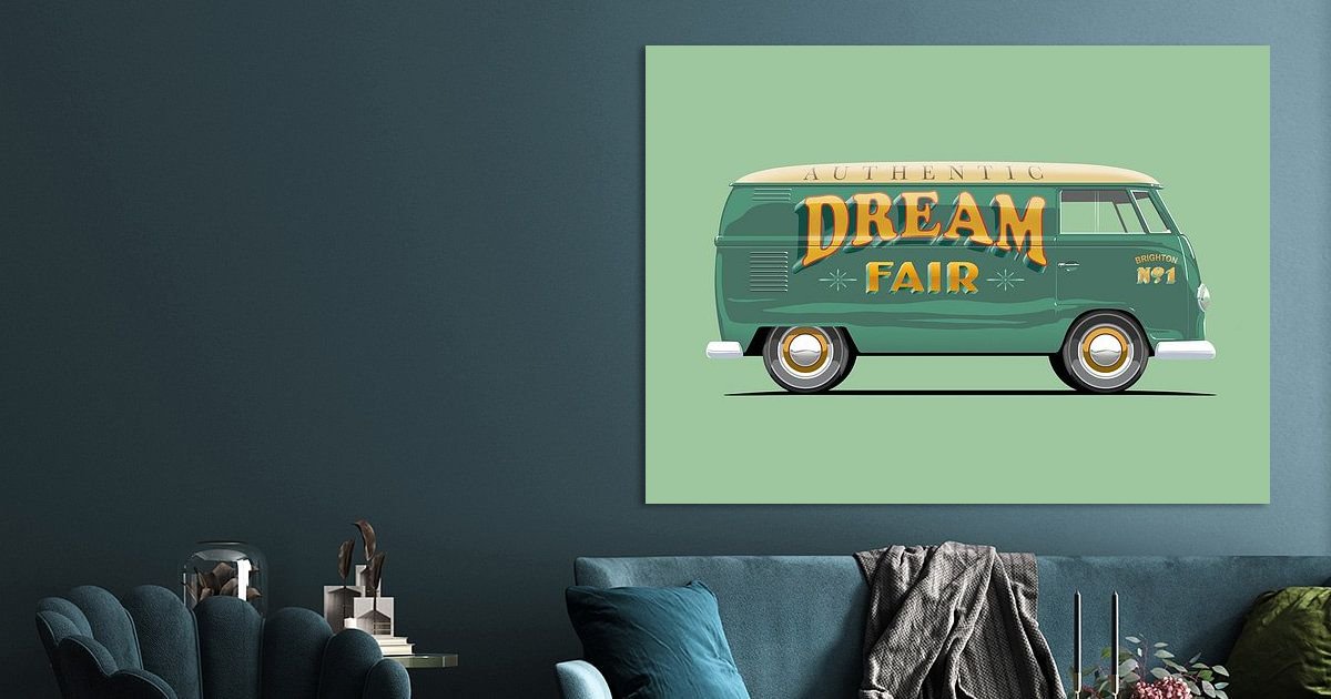 Vintage bus Dream reclame lettering van Ruben Ooms op canvas, behang en ...