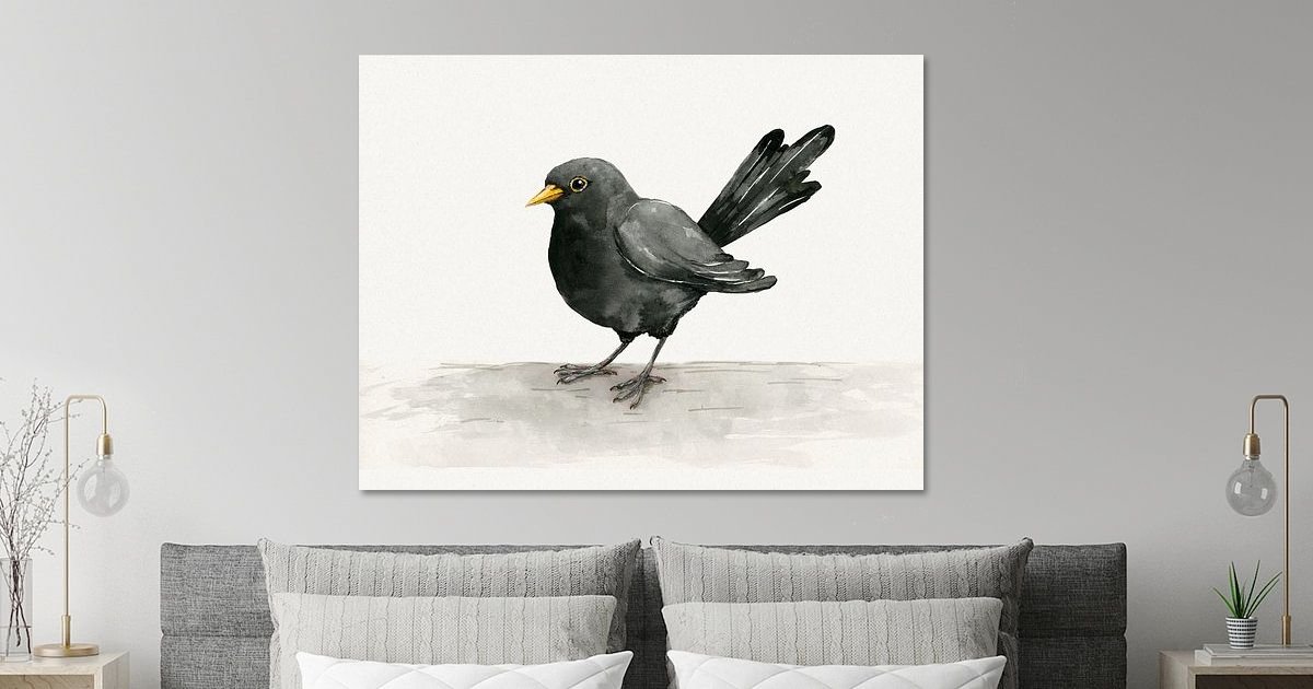 Blackbird ink drawing by Bianca Wisseloo on canvas, poster, wallpaper ...