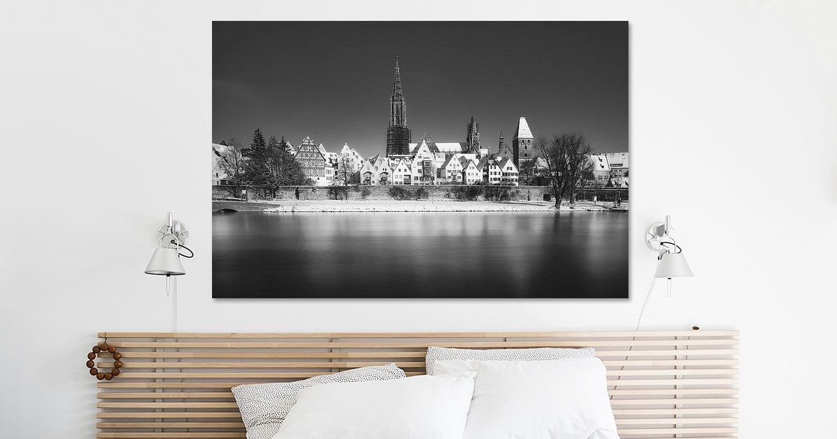 Black and white panorama of the city of Ulm in winter with snow, river ...