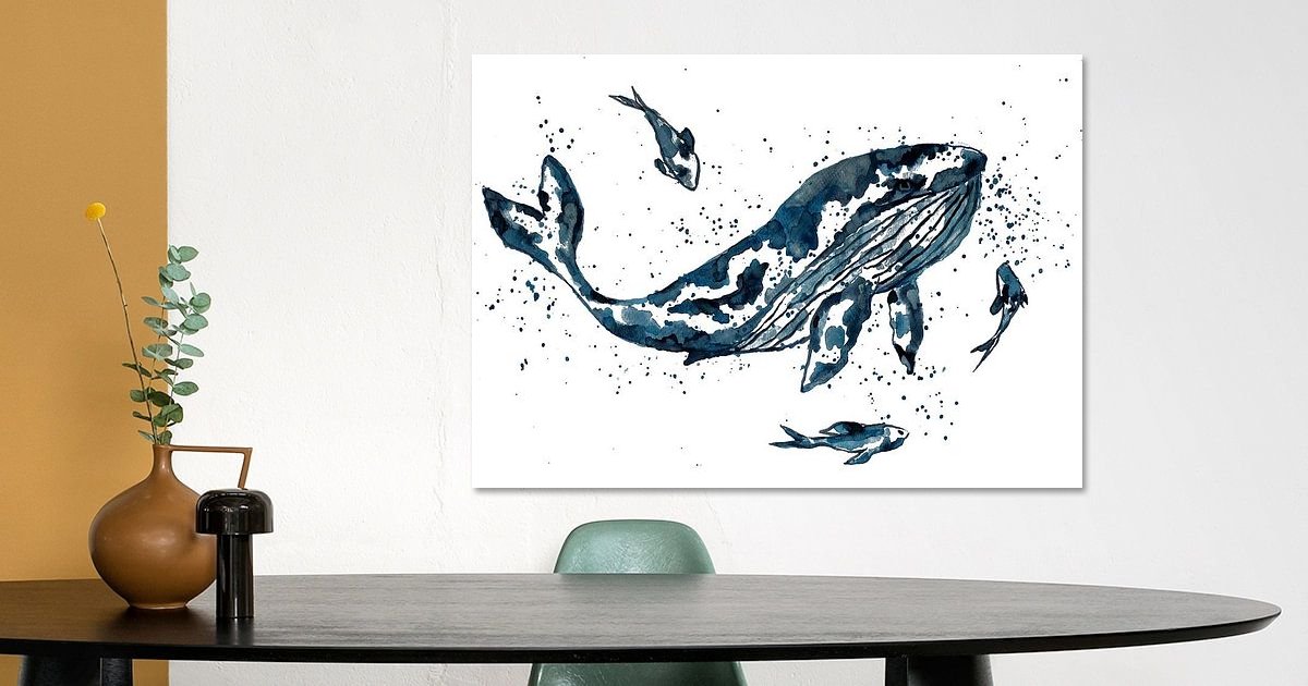 Walvis in blauw van Sebastian Grafmann op canvas, behang en meer