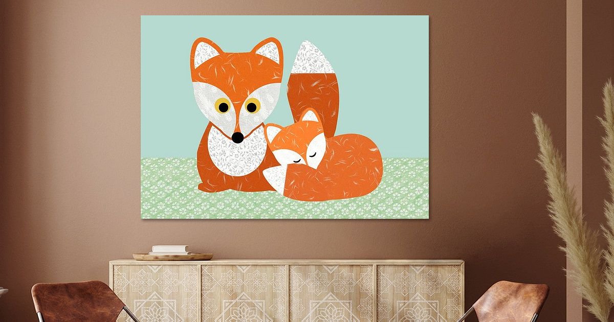 Vos met Baby Vos van Green Nest op canvas, behang en meer