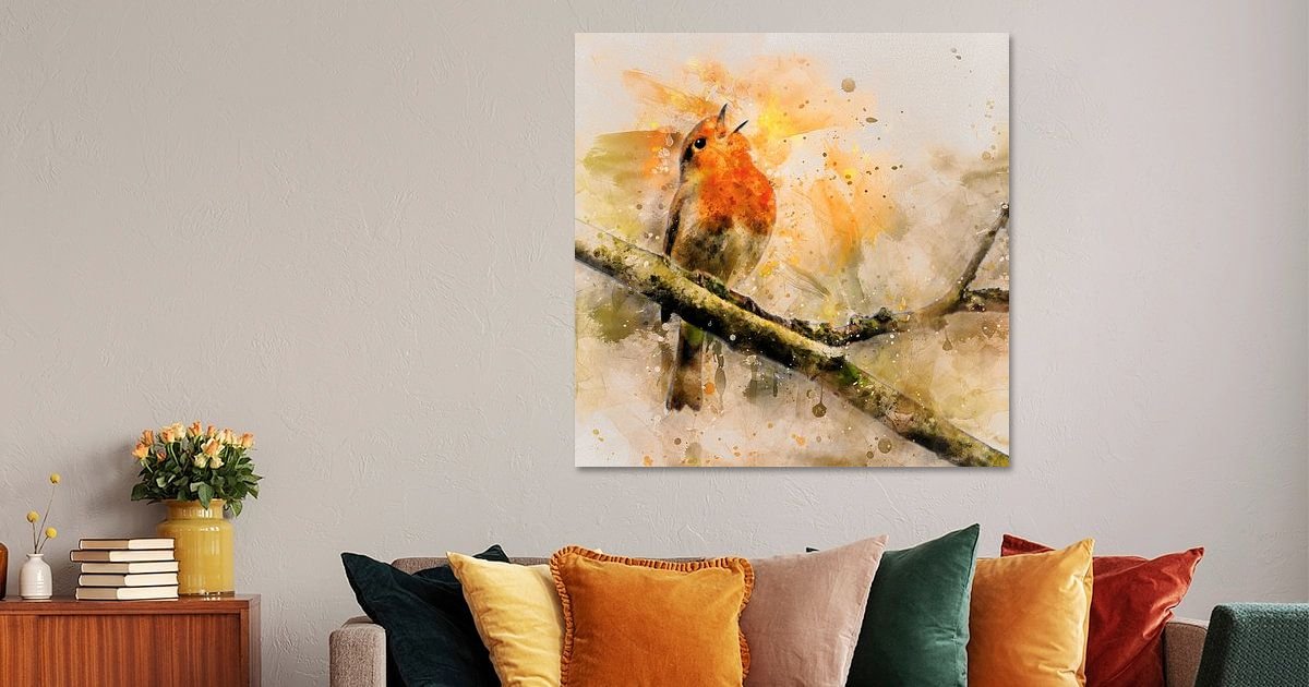 Robin whistles the highest song from a branch (watercolour) by Art by ...