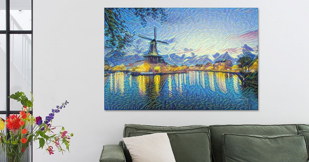 Schilderij Haarlem Spaarne met Molen de Adriaan in Stijl Van Gogh van ...