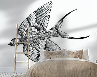 Pentekening van een zwaluw van Lianne Landsman op canvas, behang en meer