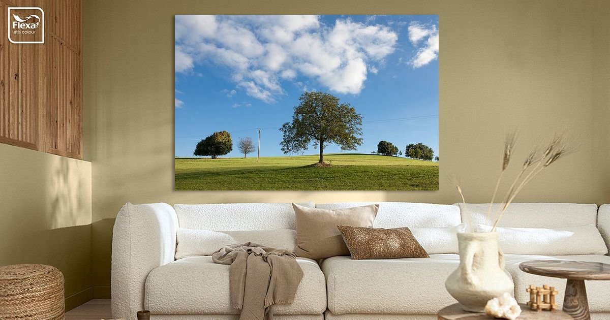 Rustgevend groen landschap met helder blauwe lucht van Pieter Wolthoorn ...